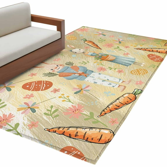 Easter Rabbits Washable Area Rug 2.7 x 5 ft Spring Basket Carrots Eggs ...
