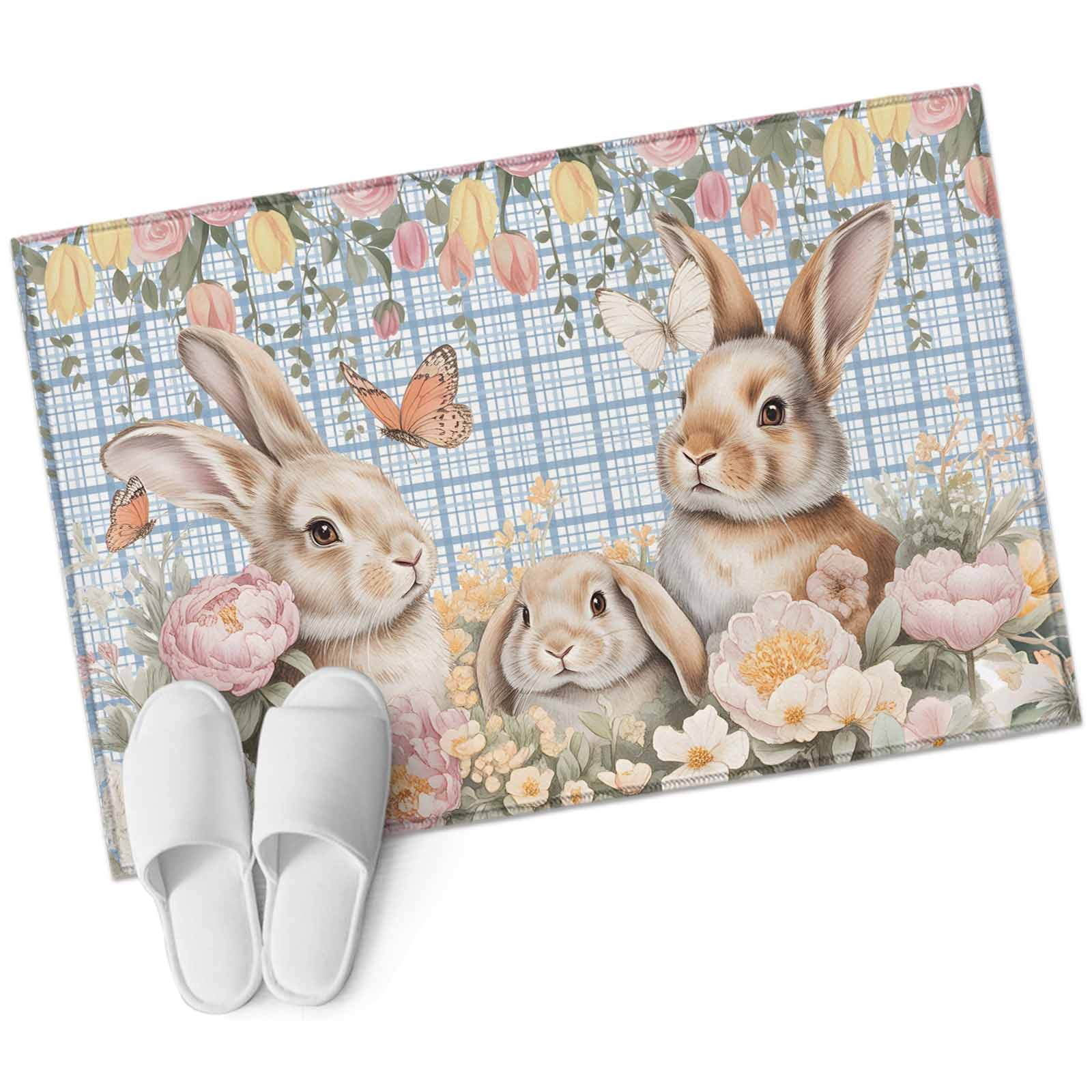 Easter Rabbits Washable Area Rug 2 x 3 ft Pink Flower Hydrangea ...