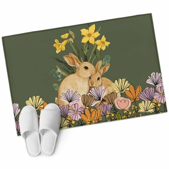 Easter Rabbits Washable Area Rug 2 x 3 ft Spring Floral Leaf Bunny Dark ...