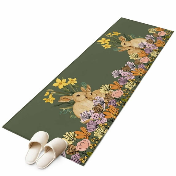 Easter Rabbits Washable Area Rug 2 x 6 ft Spring Floral Leaf Bunny Dark ...