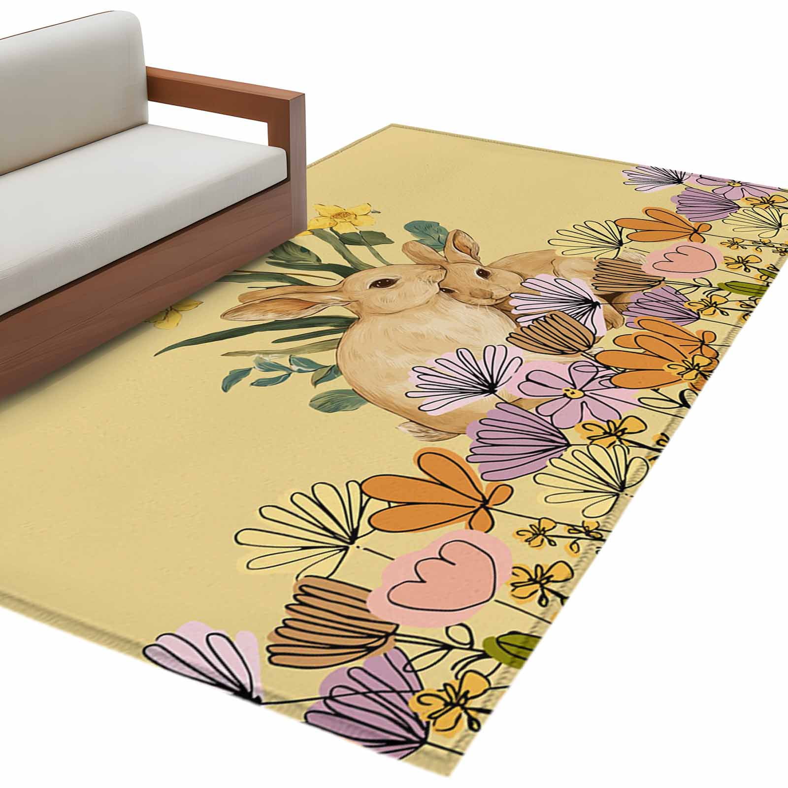 Easter Rabbits Washable Area Rug 3 x 5 ft Spring Floral Leaf Bunny ...