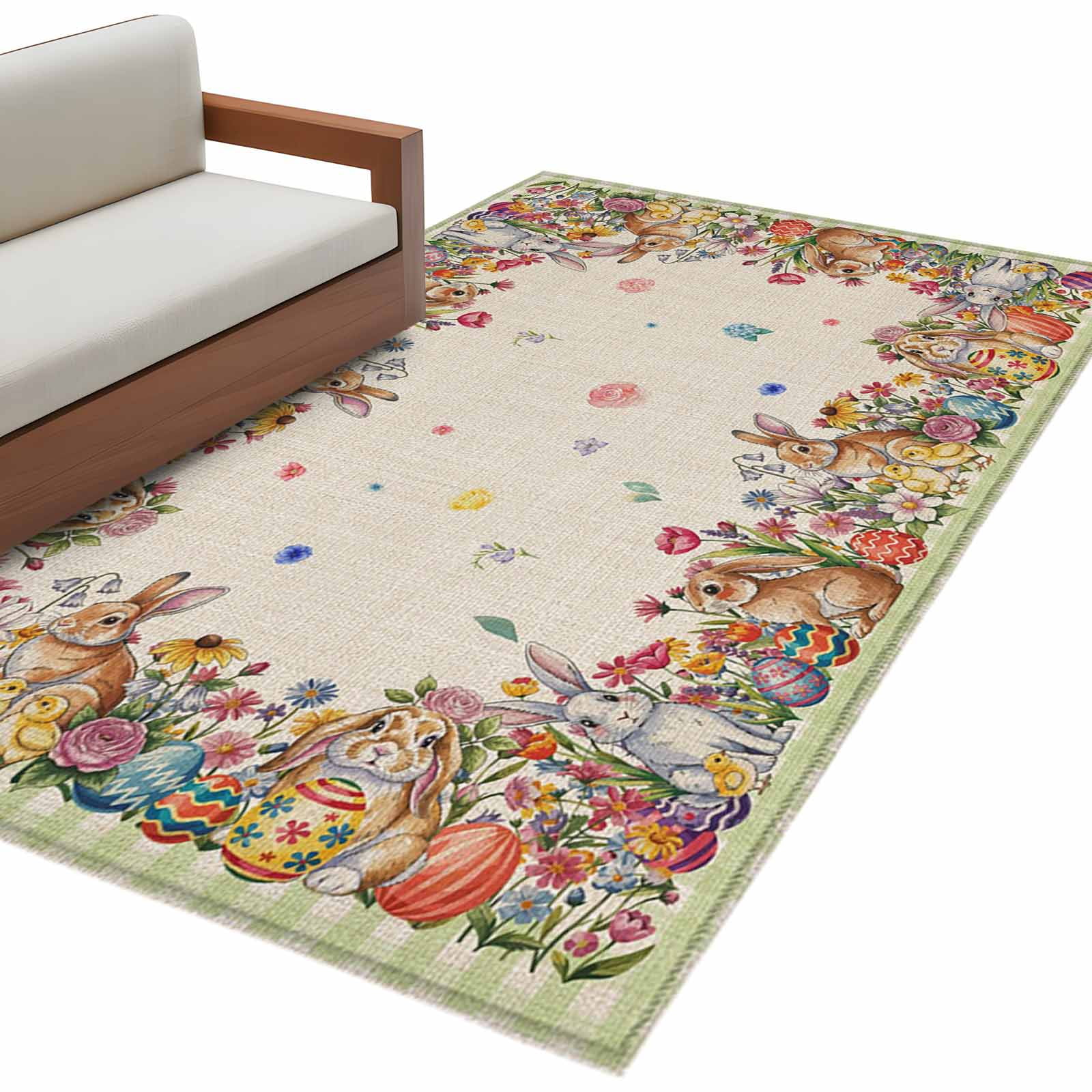Easter Rabbits Washable Area Rug 3 x 5 ft Watercolor Spring Eggs Floral ...