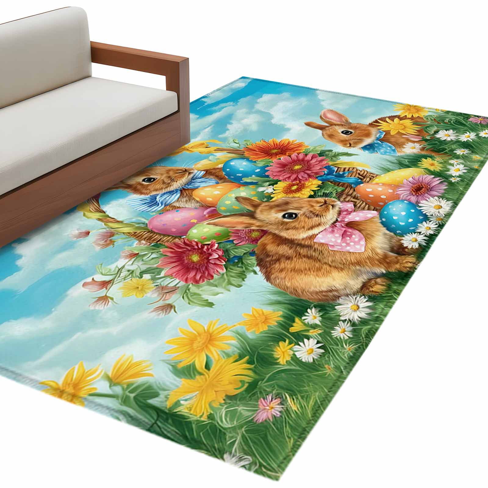 Easter Rabbits Washable Area Rug 4 x 6 ft Country Basket Eggs Floral ...