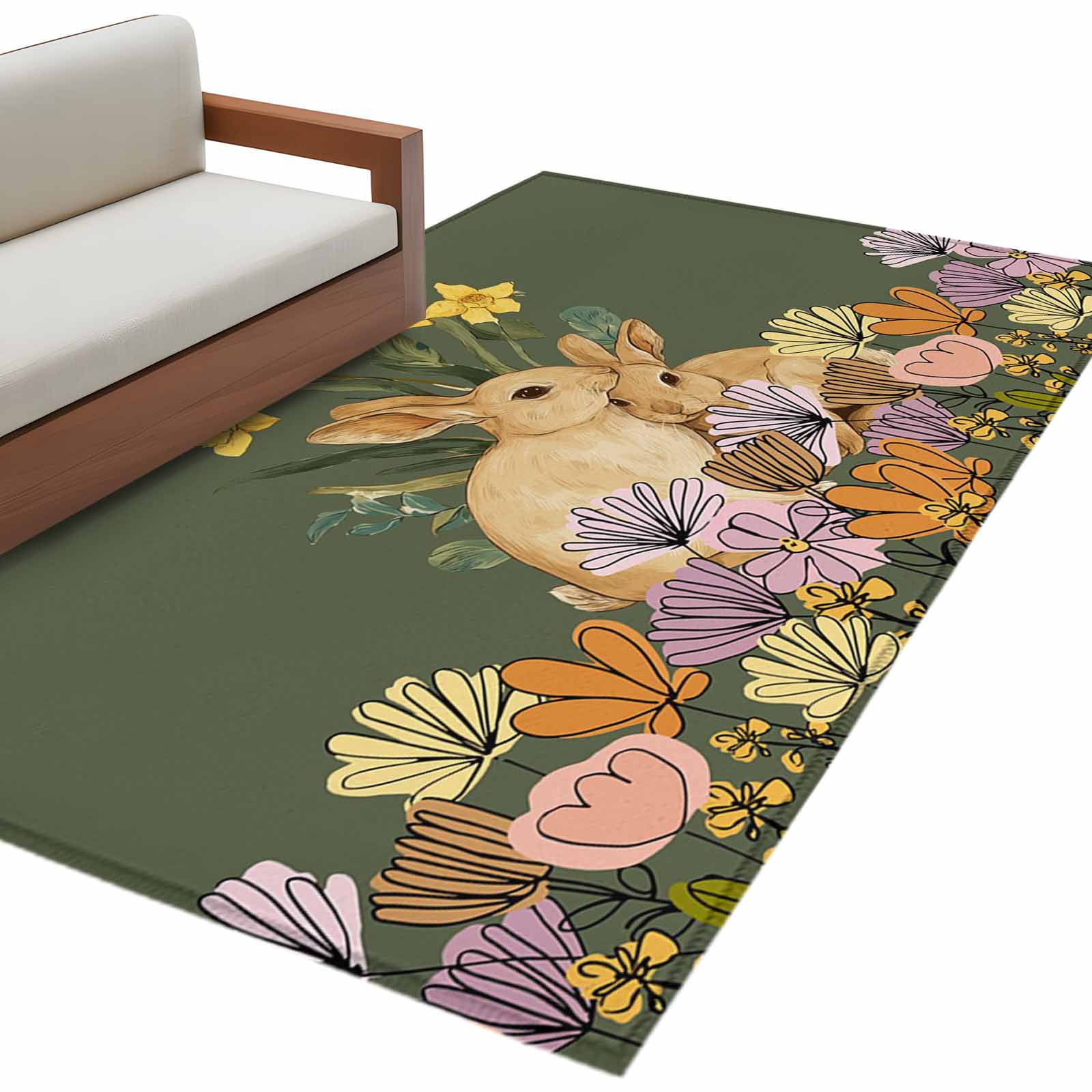 Easter Rabbits Washable Area Rug 4 x 6 ft Spring Floral Leaf Bunny Dark ...