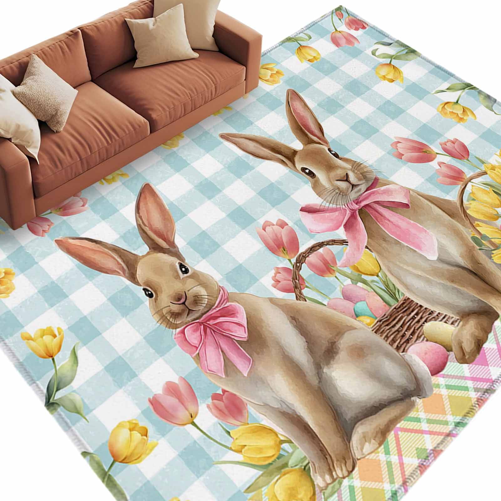 Easter Rabbits Washable Area Rug 5 x 7 ft Spring Bowknots Bunny Floral ...