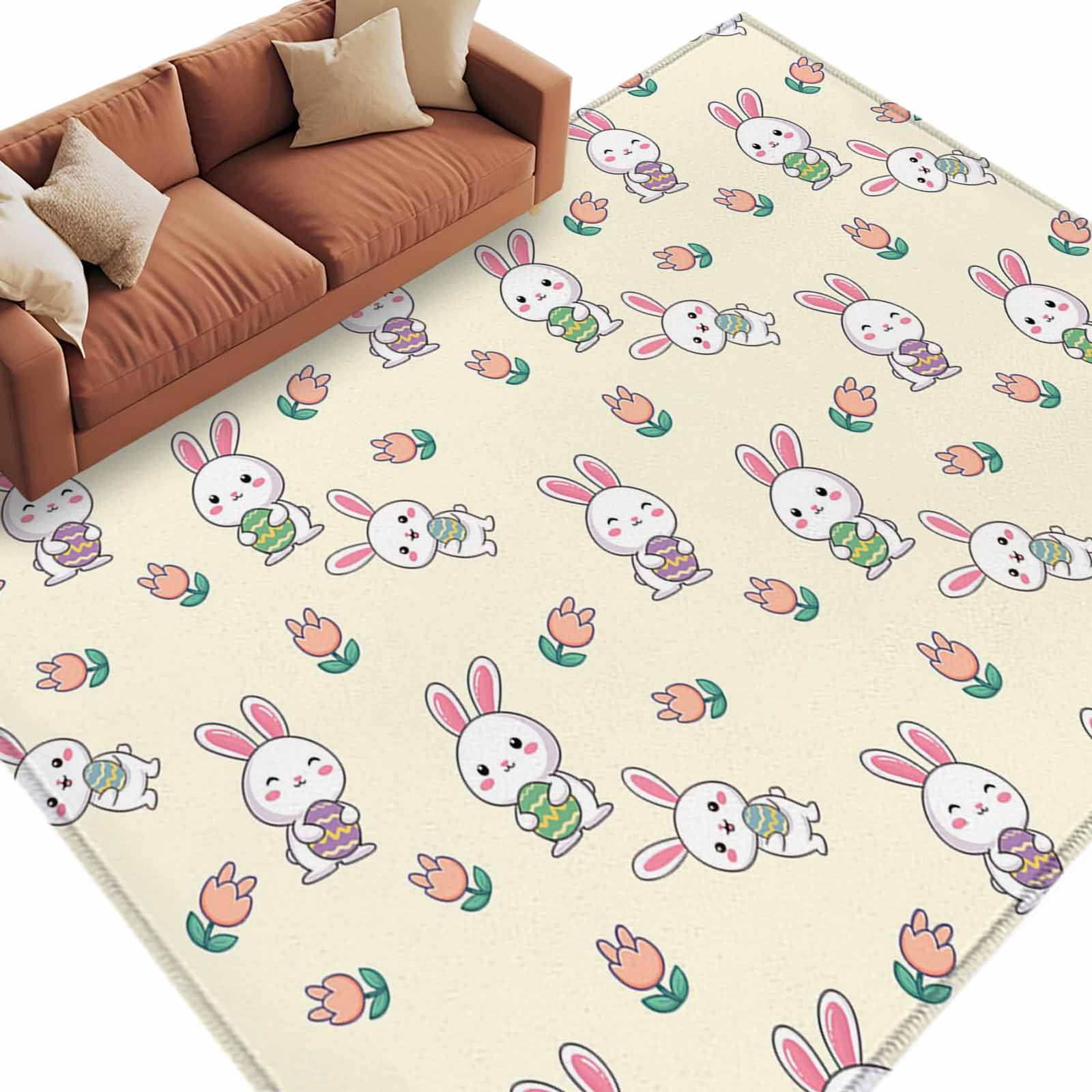 Easter Rabbits Washable Area Rug 5 x 7 ft Spring Bunny Easter Eggs Pink ...