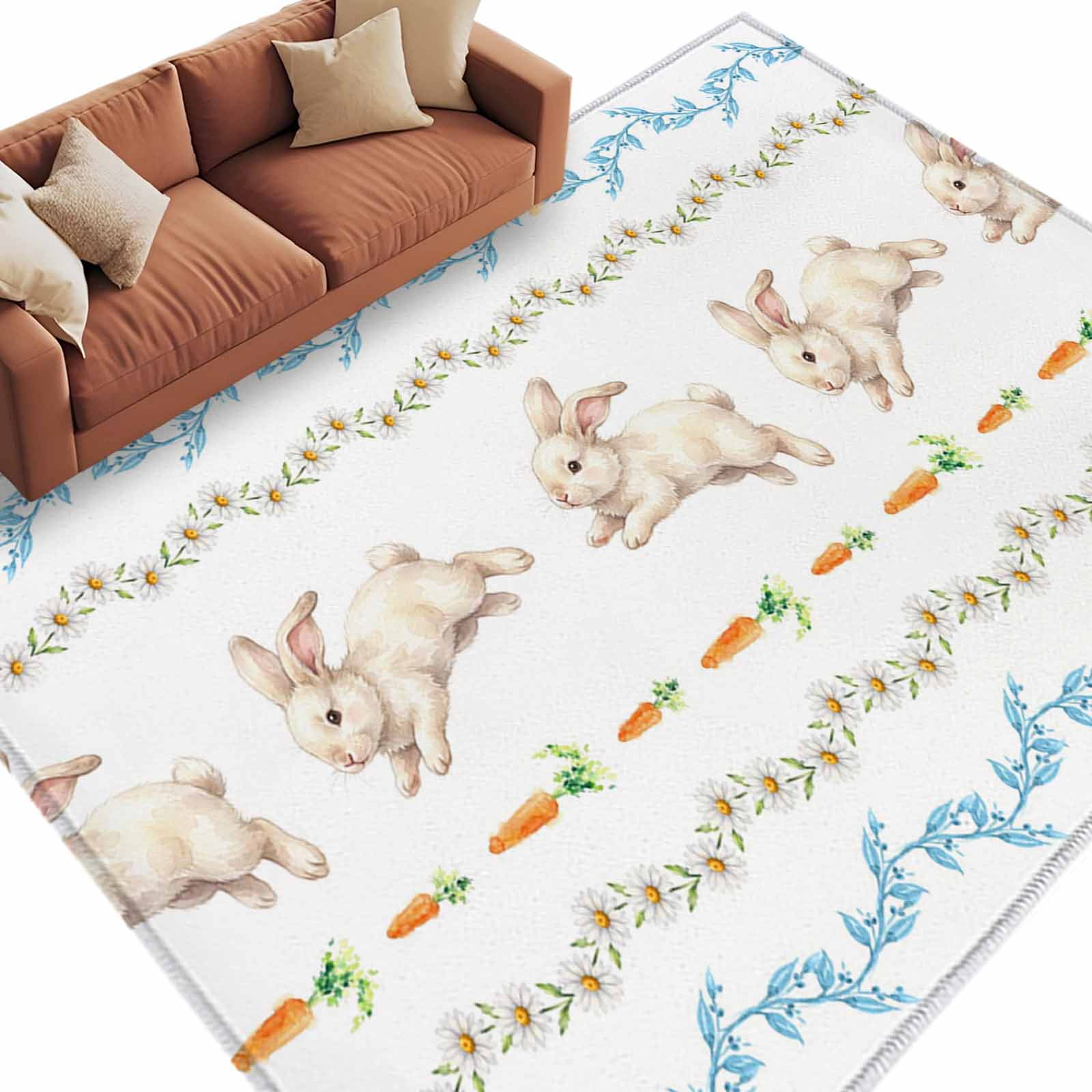 Easter Rabbits Washable Area Rug 5 x 8 ft Carrots Flower Blue Leaf ...
