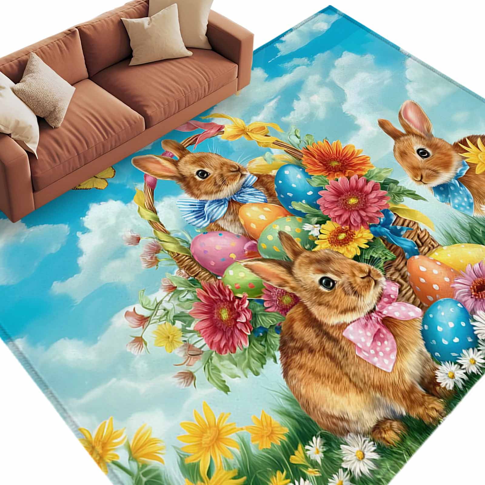 Easter Rabbits Washable Area Rug 5 x 8 ft Country Basket Eggs Floral ...