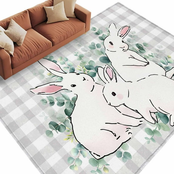 Easter Rabbits Washable Area Rug 5 x 8 ft Cute Bunny Eucalyptus Leaves ...