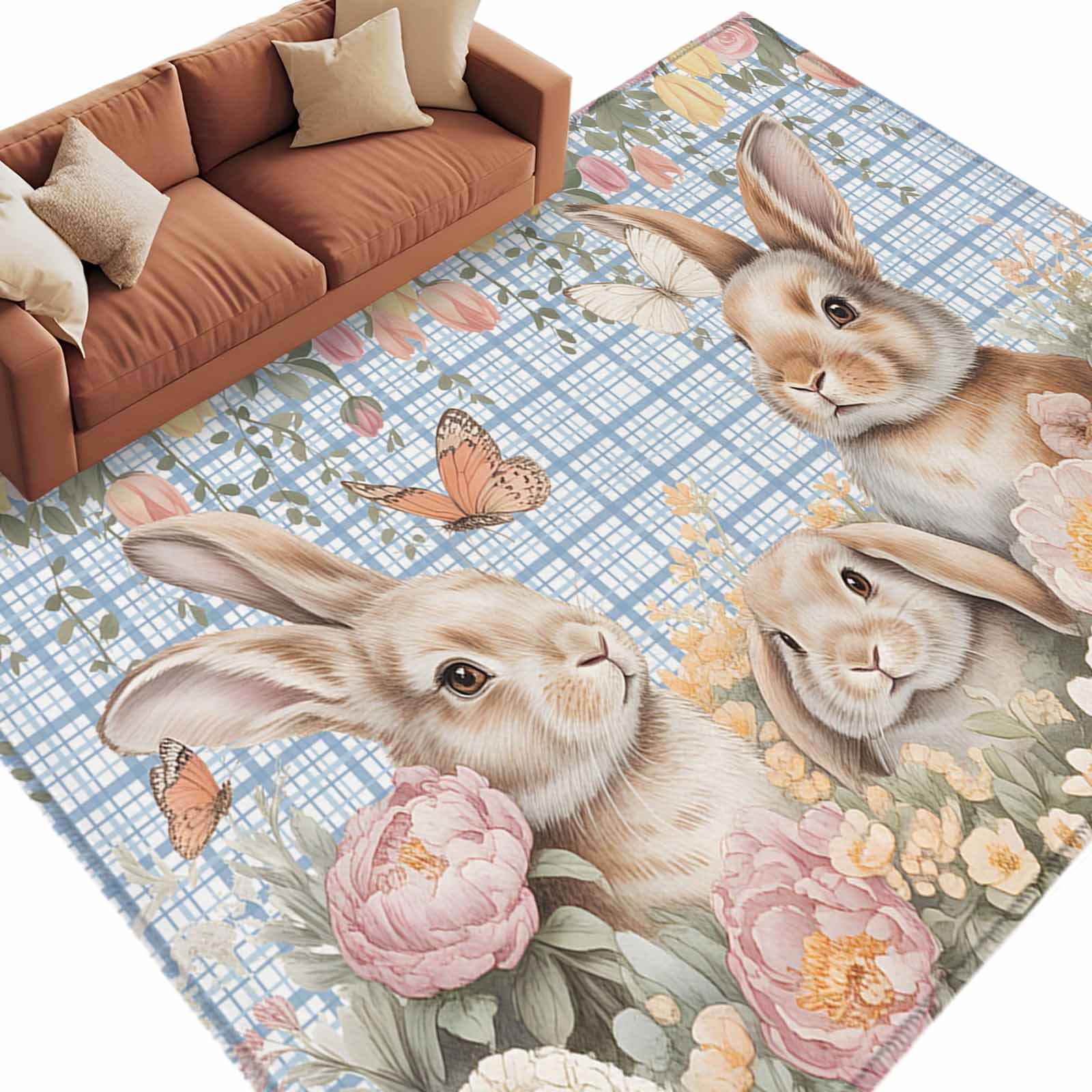 Easter Rabbits Washable Area Rug 5 x 8 ft Pink Flower Hydrangea ...
