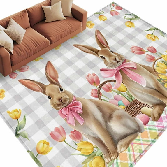 Easter Rabbits Washable Area Rug 5 x 8 ft Spring Bowknots Bunny Floral ...