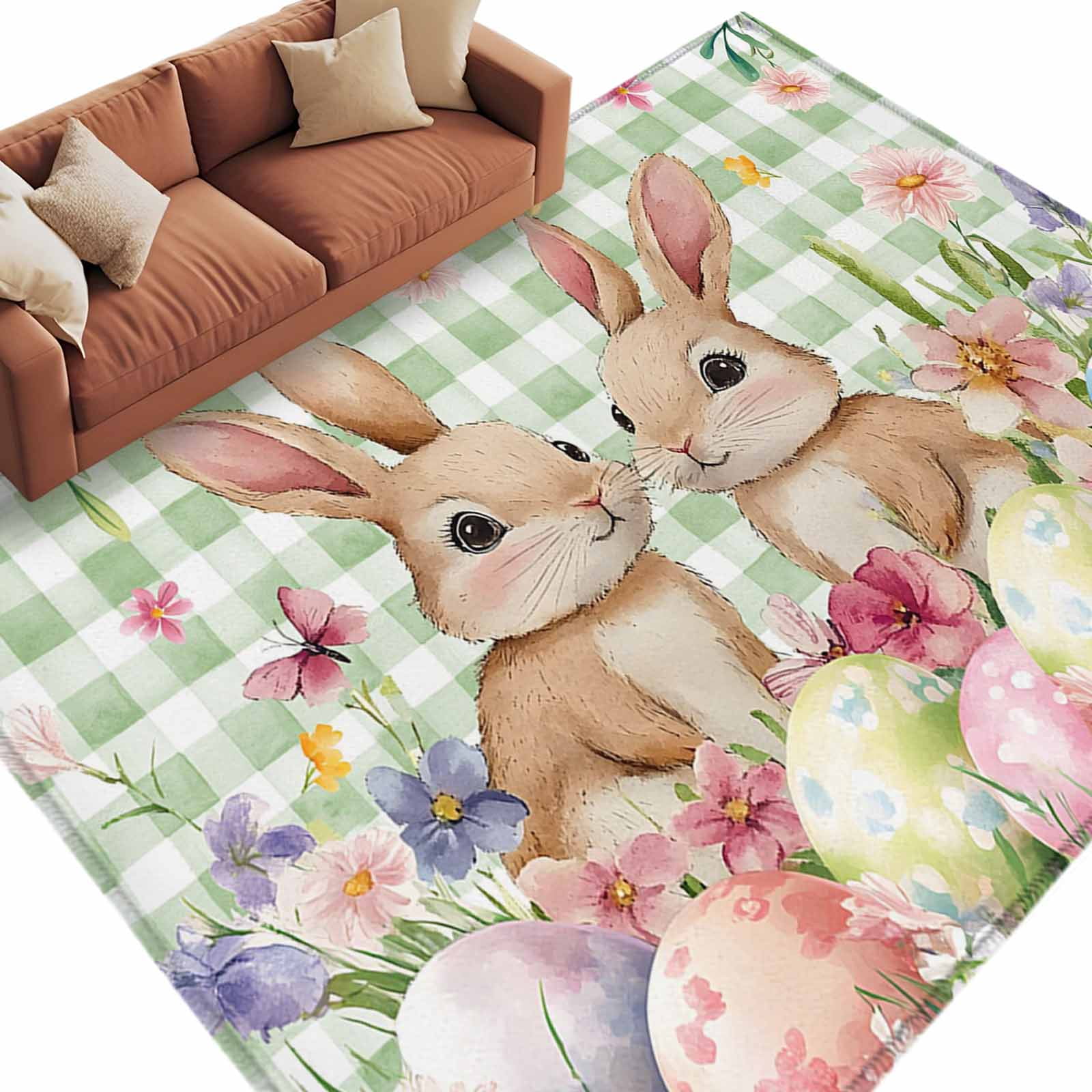 Easter Rabbits Washable Area Rug 5 x 8 ft Spring Colored Eggs Floral ...