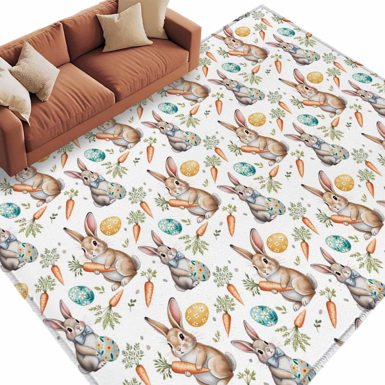 Easter Rabbits Washable Area Rug 5 x 8 ft Watercolor Spring Eggs ...