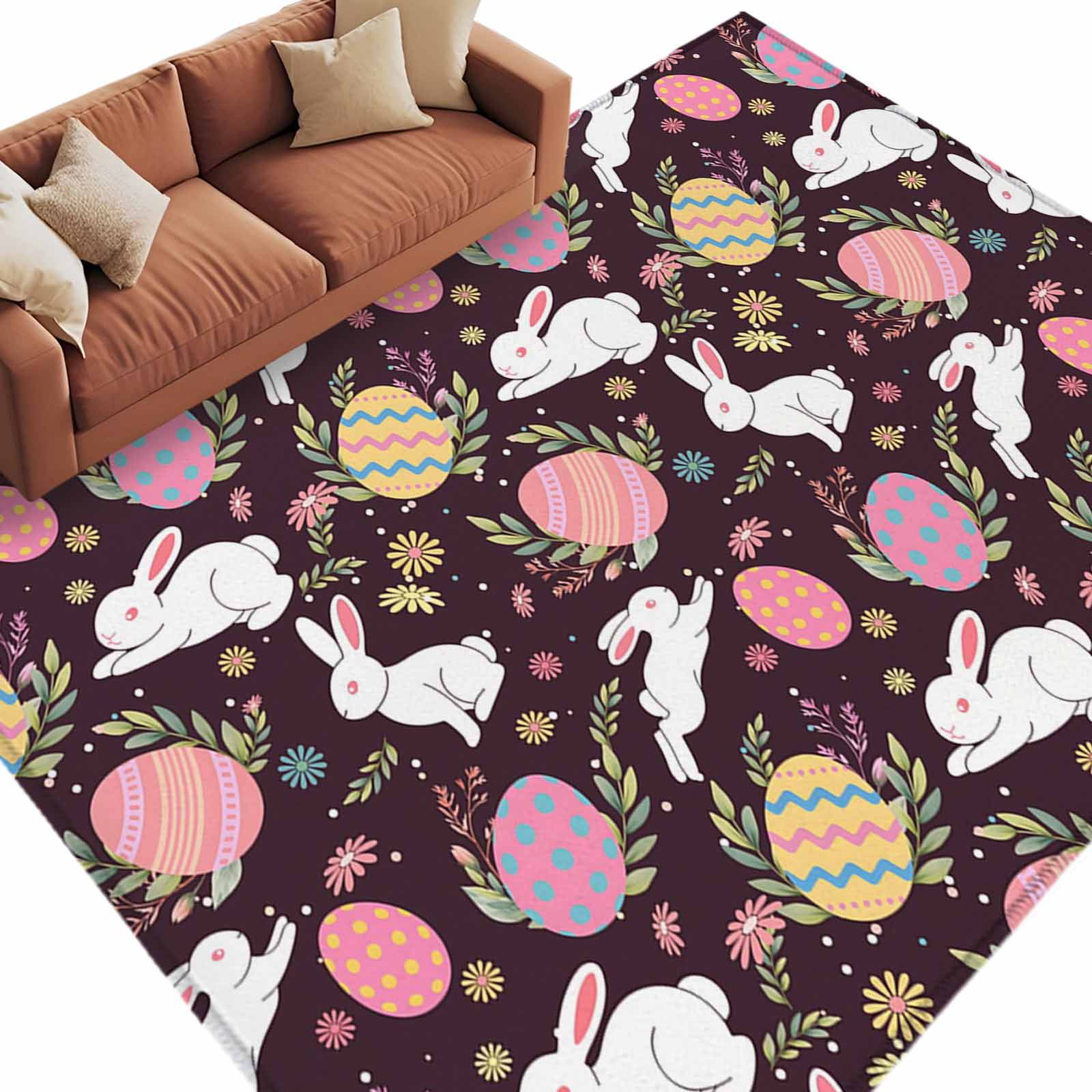 Easter Rabbits Washable Area Rug 5 x 8 ft Watercolor Yellow Pink Eggs ...