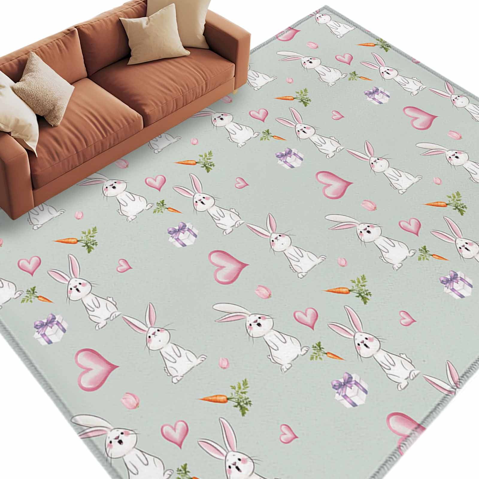 Easter Rabbits Washable Area Rug 6 x 9 ft Spring Bunny Carrots Love ...