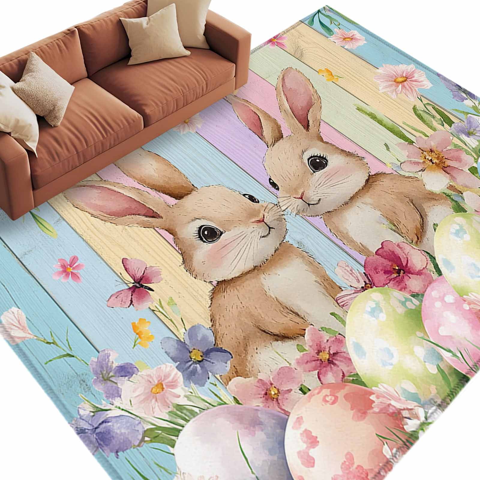 Easter Rabbits Washable Area Rug 6 x 9 ft Spring Colored Eggs Floral ...