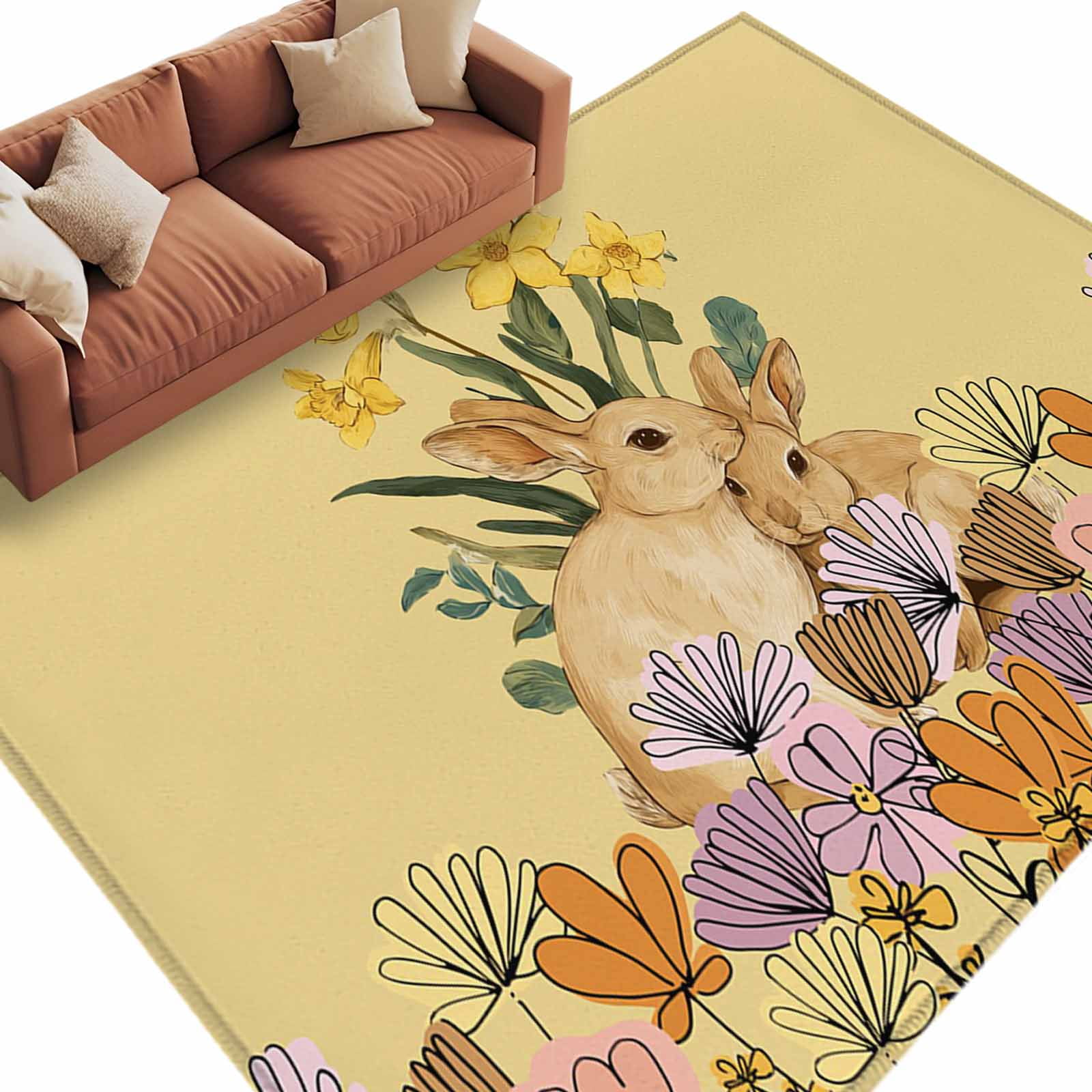 Easter Rabbits Washable Area Rug 6 x 9 ft Spring Floral Leaf Bunny ...