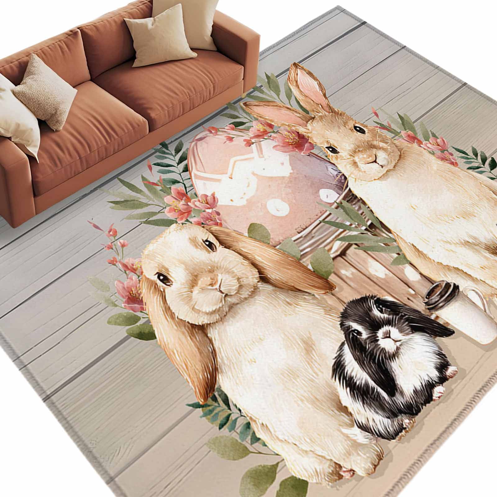 Easter Rabbits Washable Area Rug 6 x 9 ft Watercolor Bunny Eggs Coffee ...