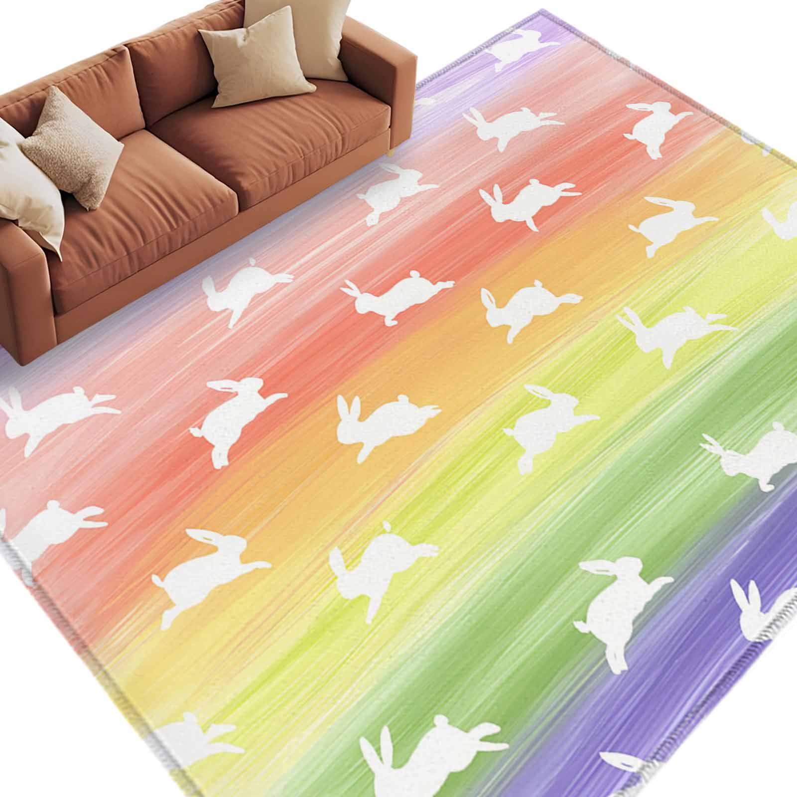 Easter Rabbits Washable Area Rug 8 x 10 ft Abstract White Bunny Rainbow ...