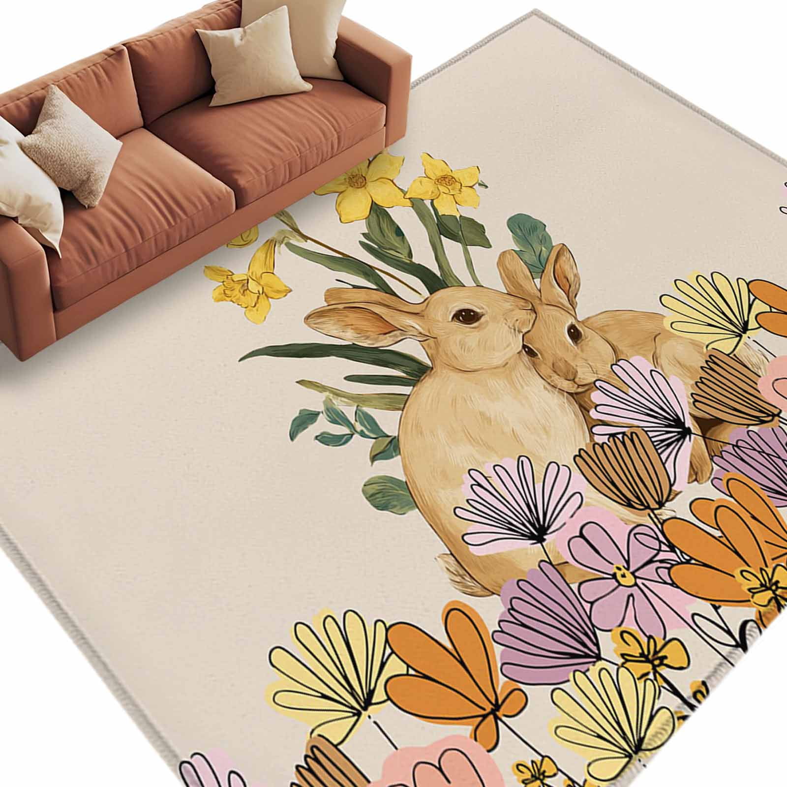 Easter Rabbits Washable Area Rug 8 x 10 ft Spring Floral Leaf Bunny ...