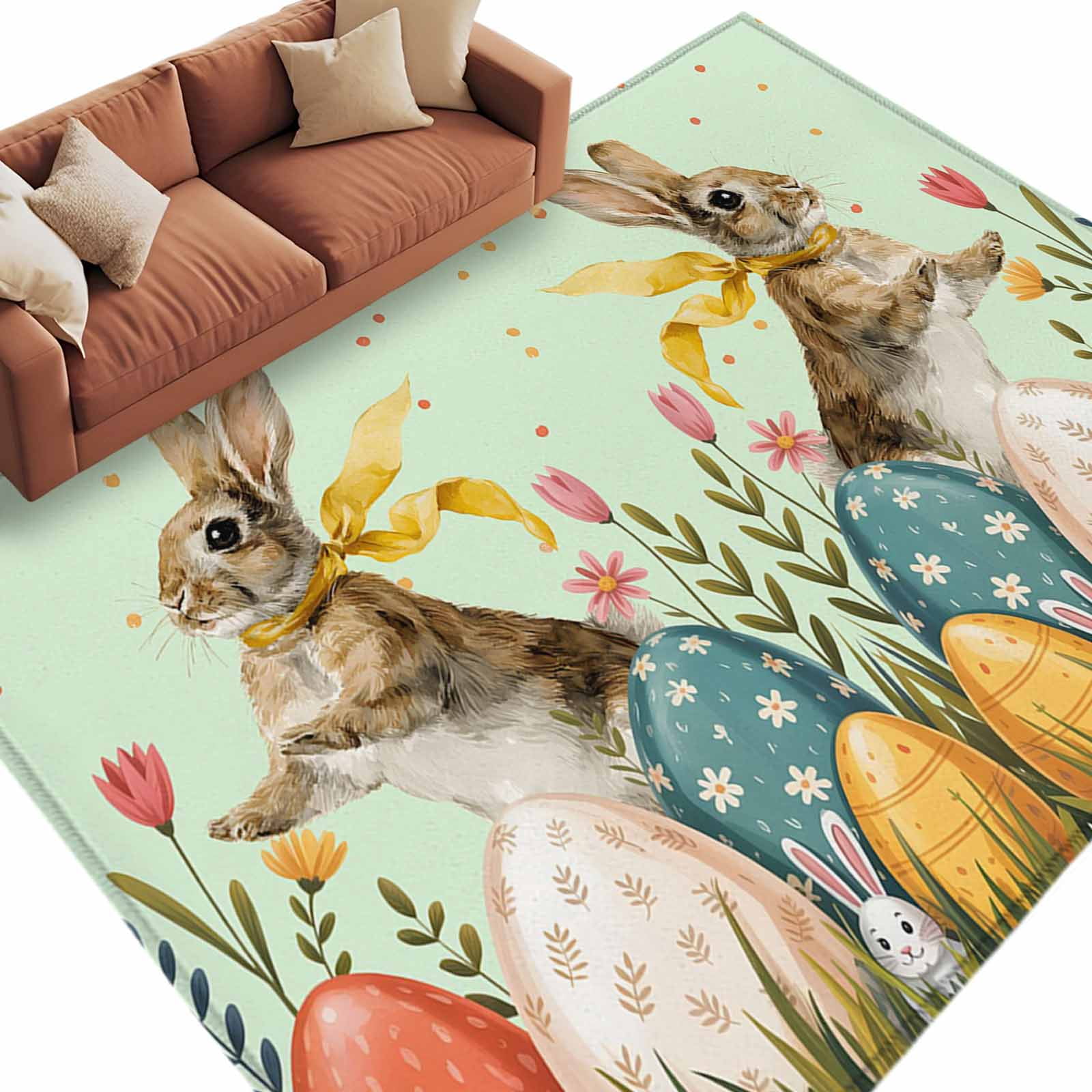 Easter Rabbits Washable Area Rug 8 x 10 ft Spring Watercolor Eggs ...