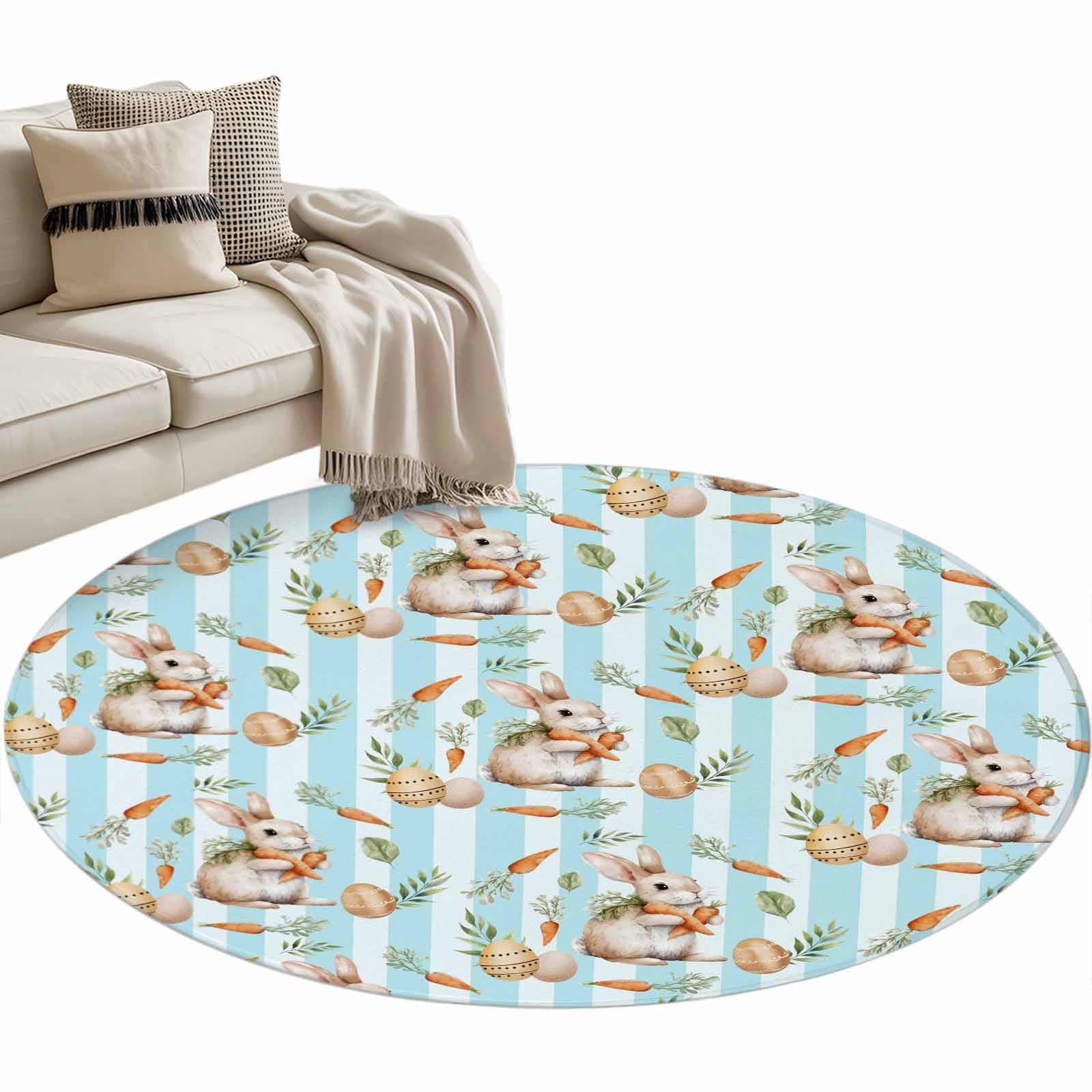 Easter Rabbits Washable Round Area Rug 3.3 ft, Spring Country Carrots ...