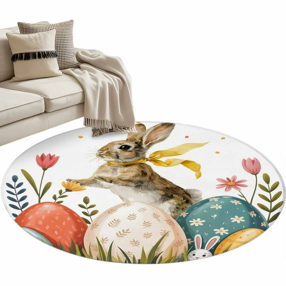 Easter Rabbits Washable Round Area Rug 3 ft, Spring Watercolor Eggs ...