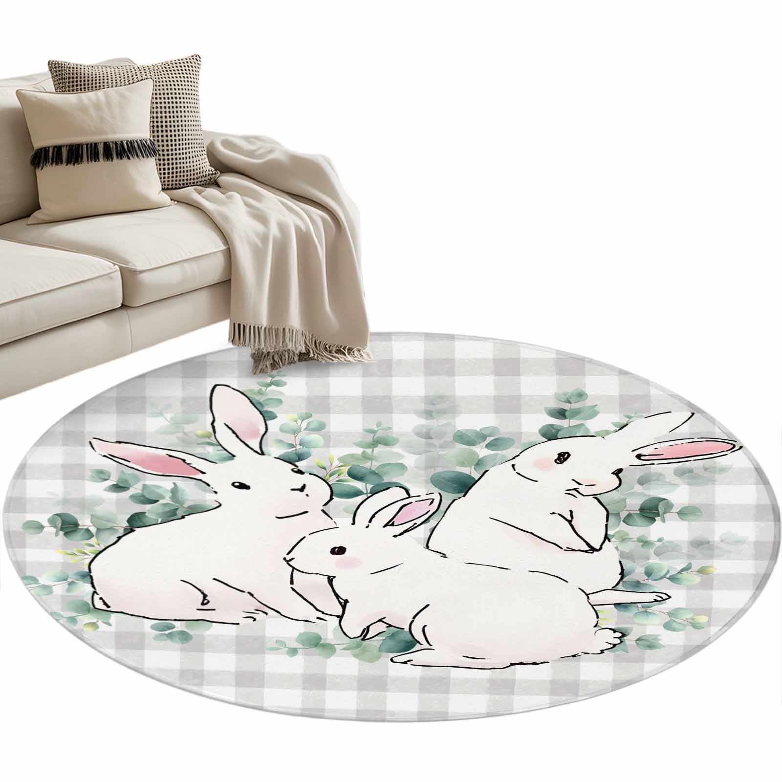 Easter Rabbits Washable Round Area Rug 4 ft, Cute Bunny Eucalyptus ...