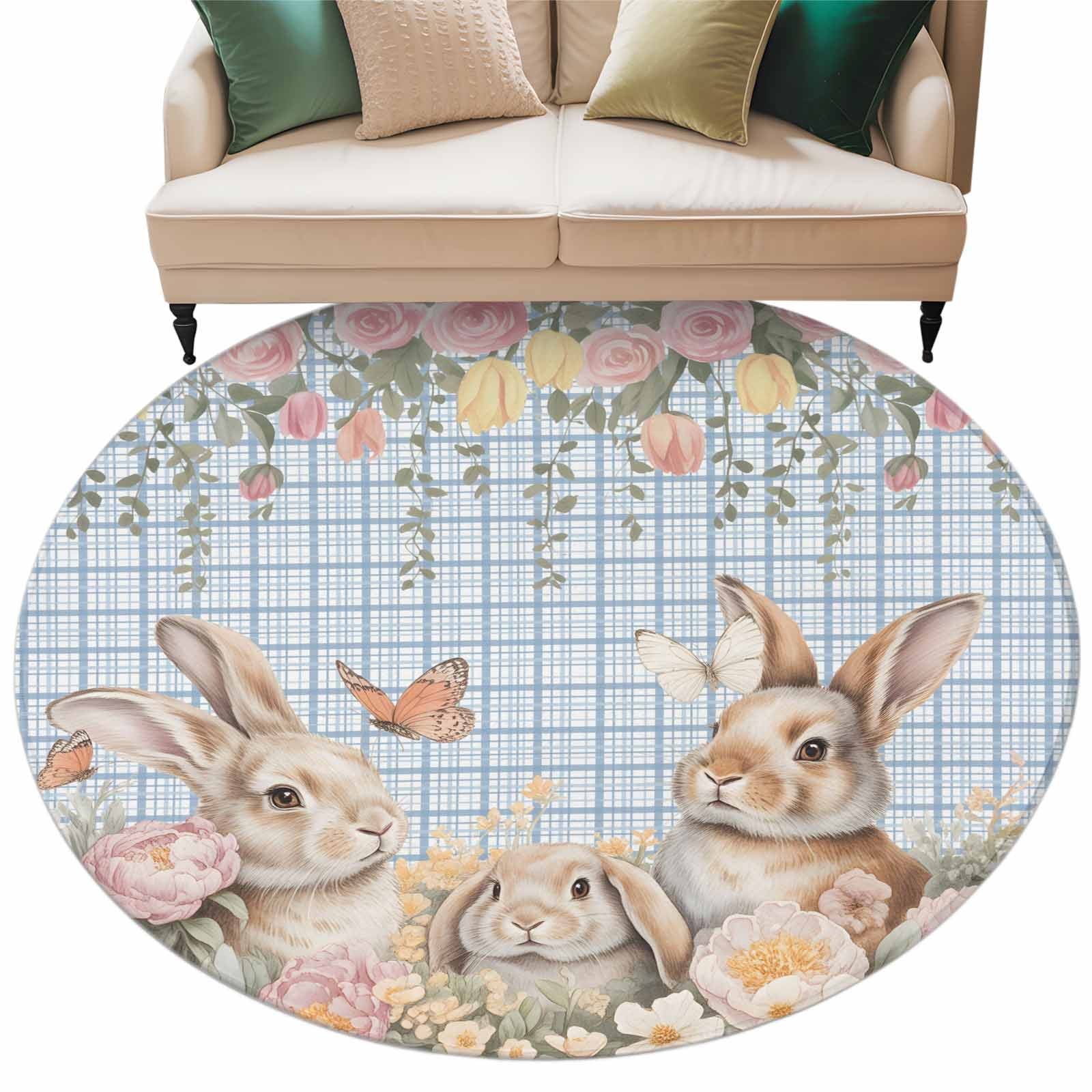Easter Rabbits Washable Round Area Rug 5 ft, Pink Flower Hydrangea ...