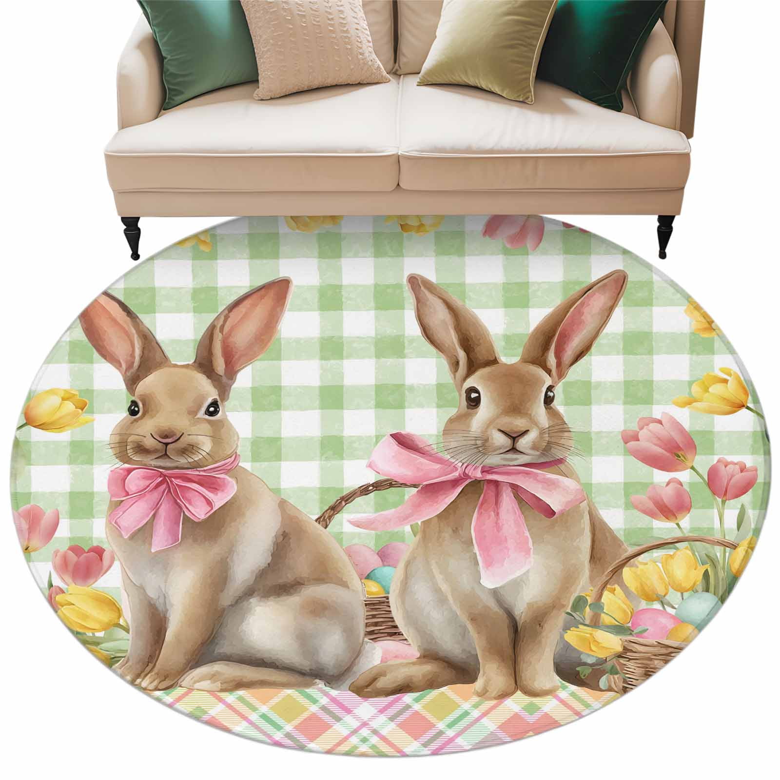 Easter Rabbits Washable Round Area Rug 6 ft, Spring Bowknots Bunny ...