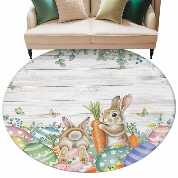 Easter Rabbits Washable Round Area Rug 6 ft, Spring Bunny Eggs Floral ...
