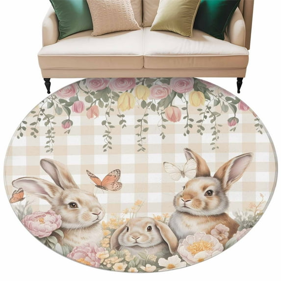Easter Rabbits Washable Round Area Rug 7 ft, Pink Flower Hydrangea ...
