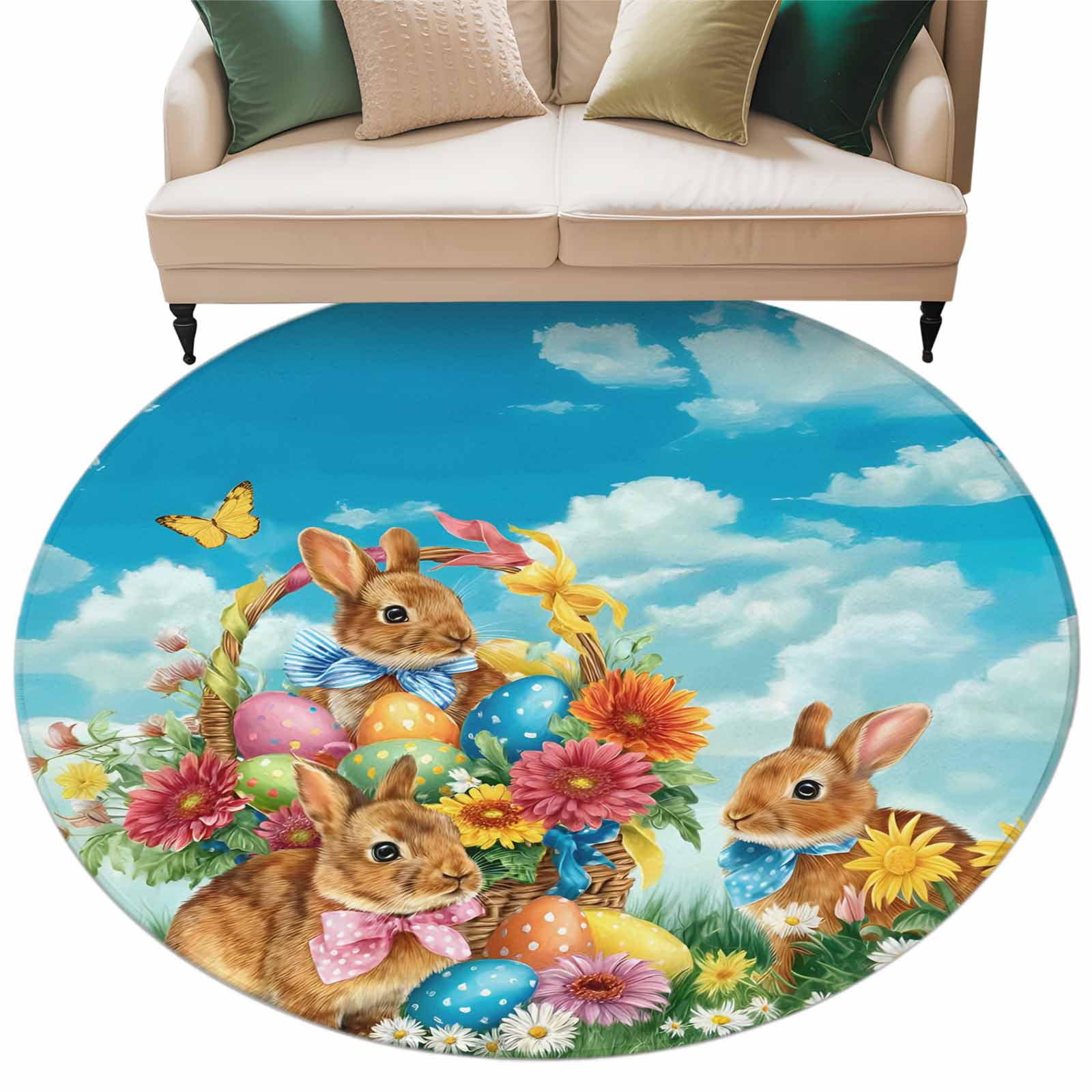 Easter Rabbits Washable Round Area Rug 8 ft, Country Basket Eggs Floral ...