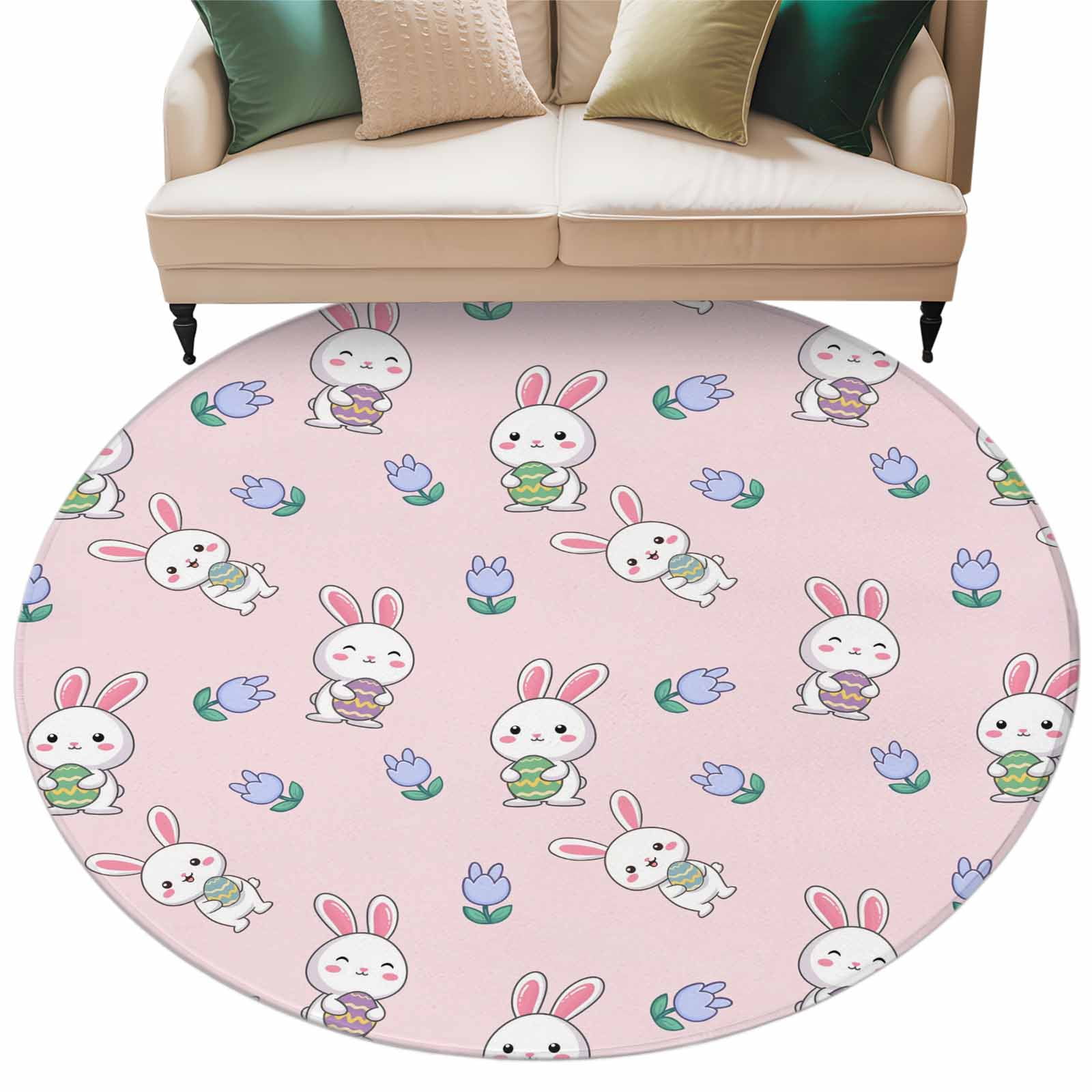 Easter Rabbits Washable Round Area Rug 8 ft, Spring Bunny Easter Eggs ...