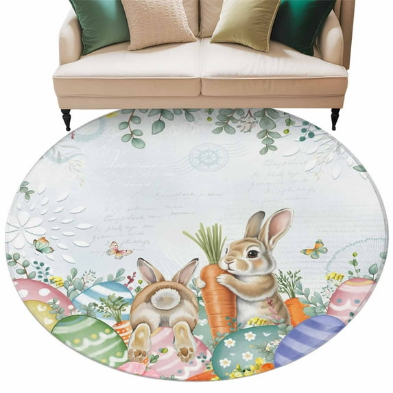 Easter Rabbits Washable Round Area Rug 8 ft, Spring Bunny Eggs Floral ...