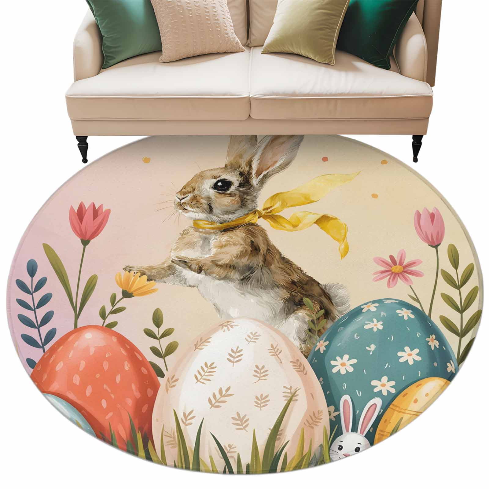 Easter Rabbits Washable Round Area Rug 8 ft, Spring Watercolor Eggs ...