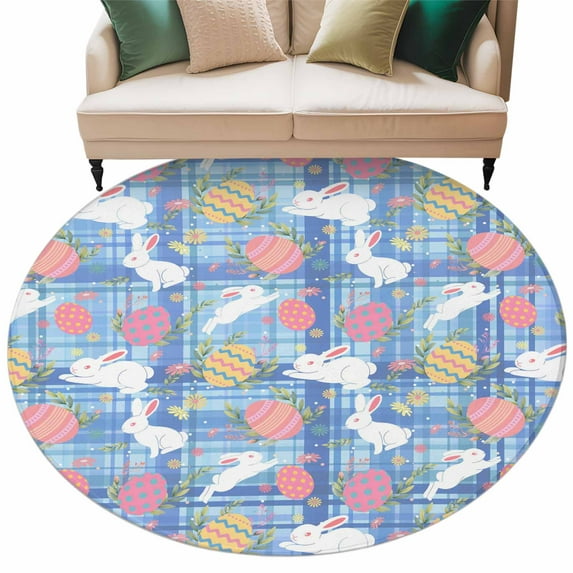 Easter Rabbits Washable Round Area Rug 8 ft, Watercolor Yellow Pink ...