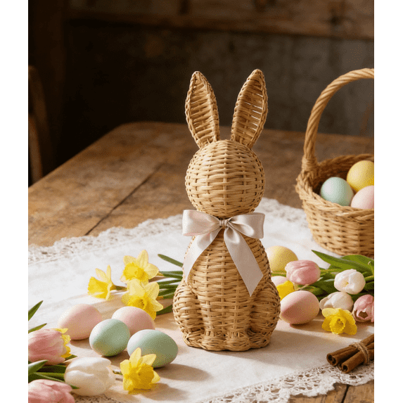 Easter Rattan Bunny Resin Desktop Ornament – 9.8Inch Woven Rabbit Decor ...