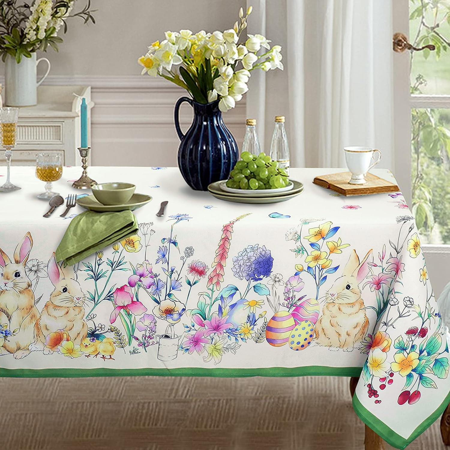 Easter Rectangle Tablecloth 60x102 Inch Spring Floral and Bunny Table ...