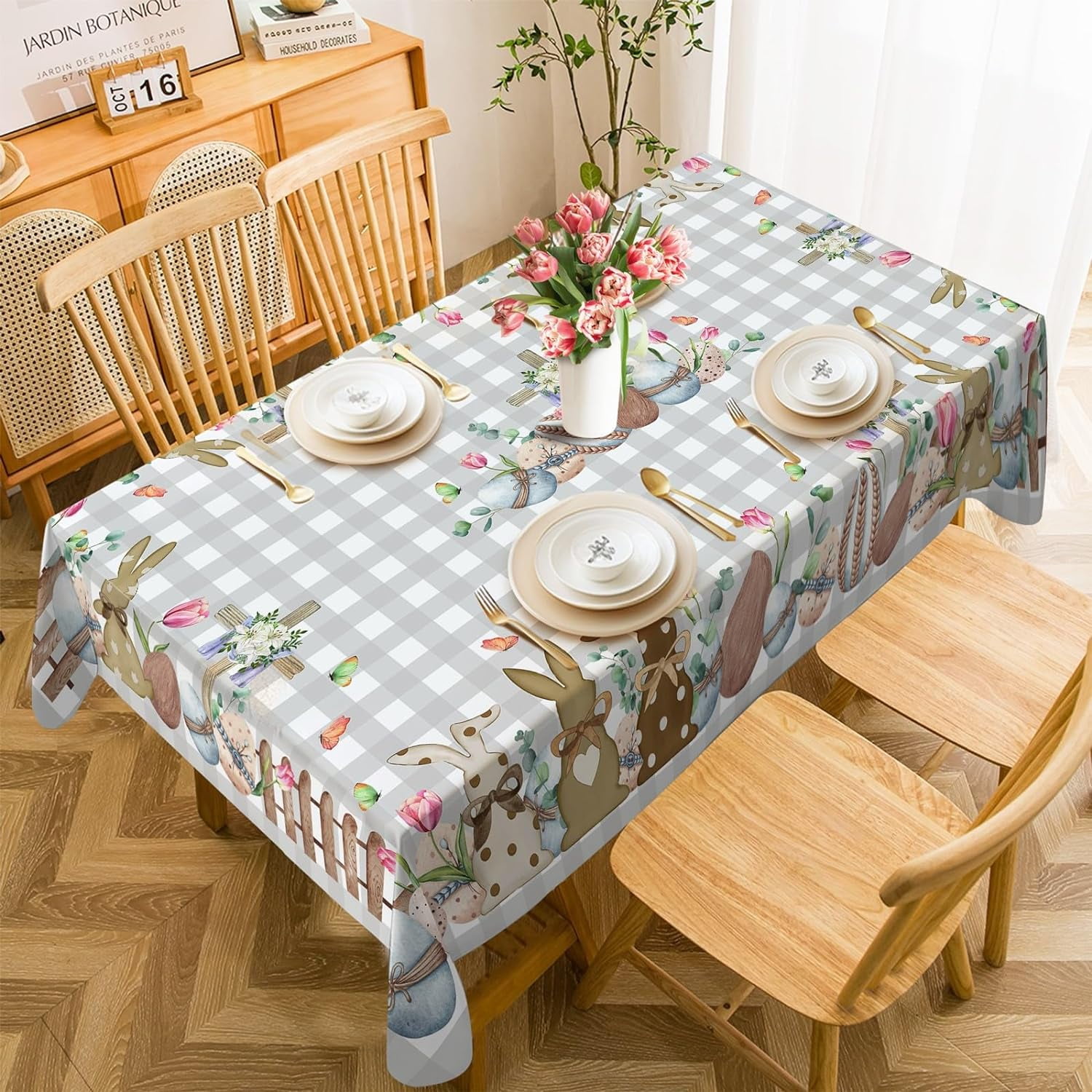 Easter Rectangle Tablecloth Grey Plaid Bunny Eggs Tulip Flower Pattern ...