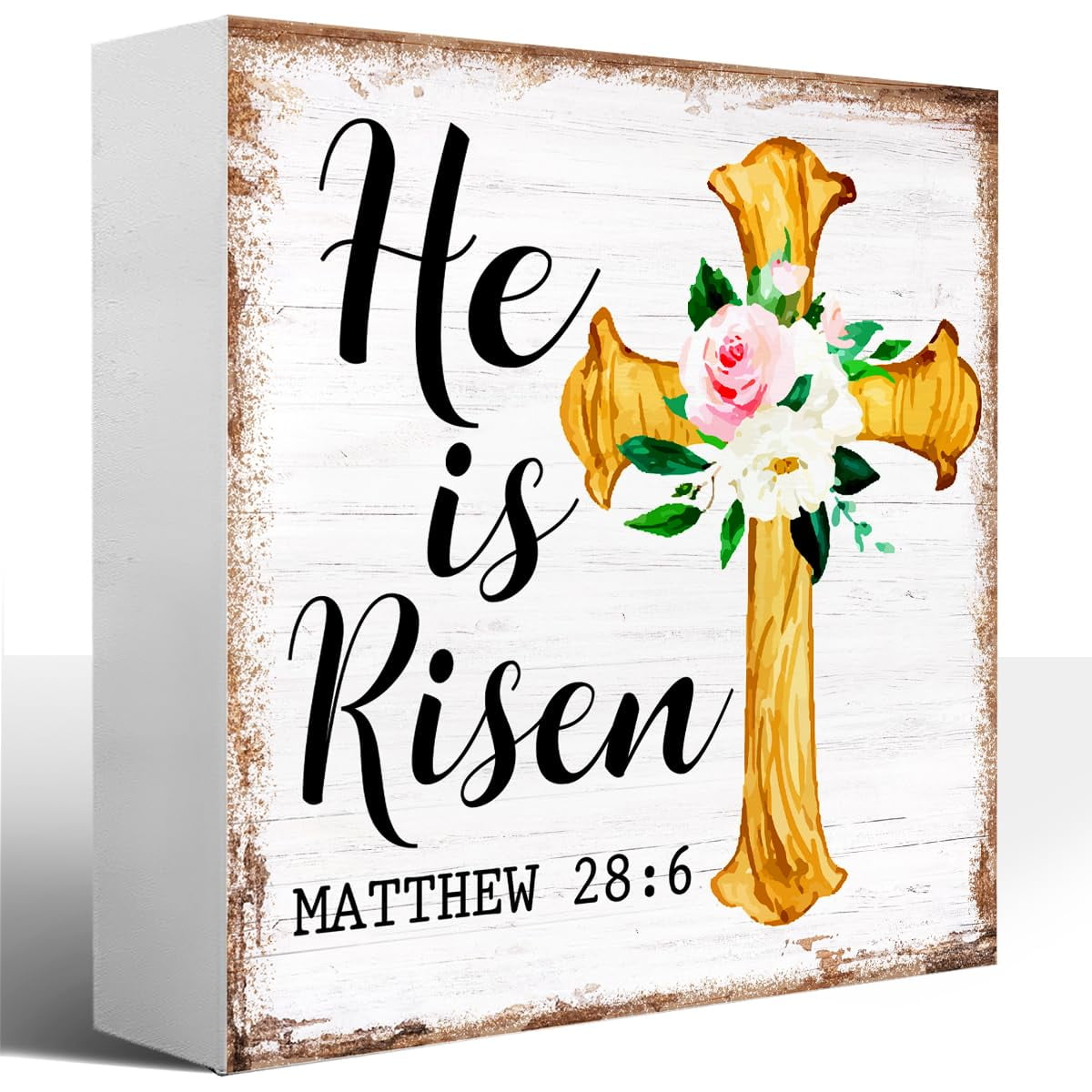 Easter Religious Desk Decor,Matthew 28:6 Wood Sign,He is Risen Cross ...