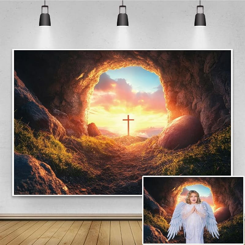 Easter He is Risen Backdrop Jesus Resurrection Mountain Cave Holy Light ...