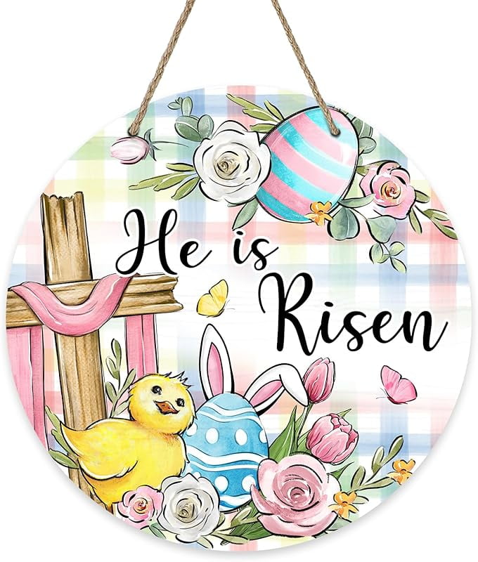Easter He is Risen Religious Cross Front Door Sign, Eggs Chick Rose ...