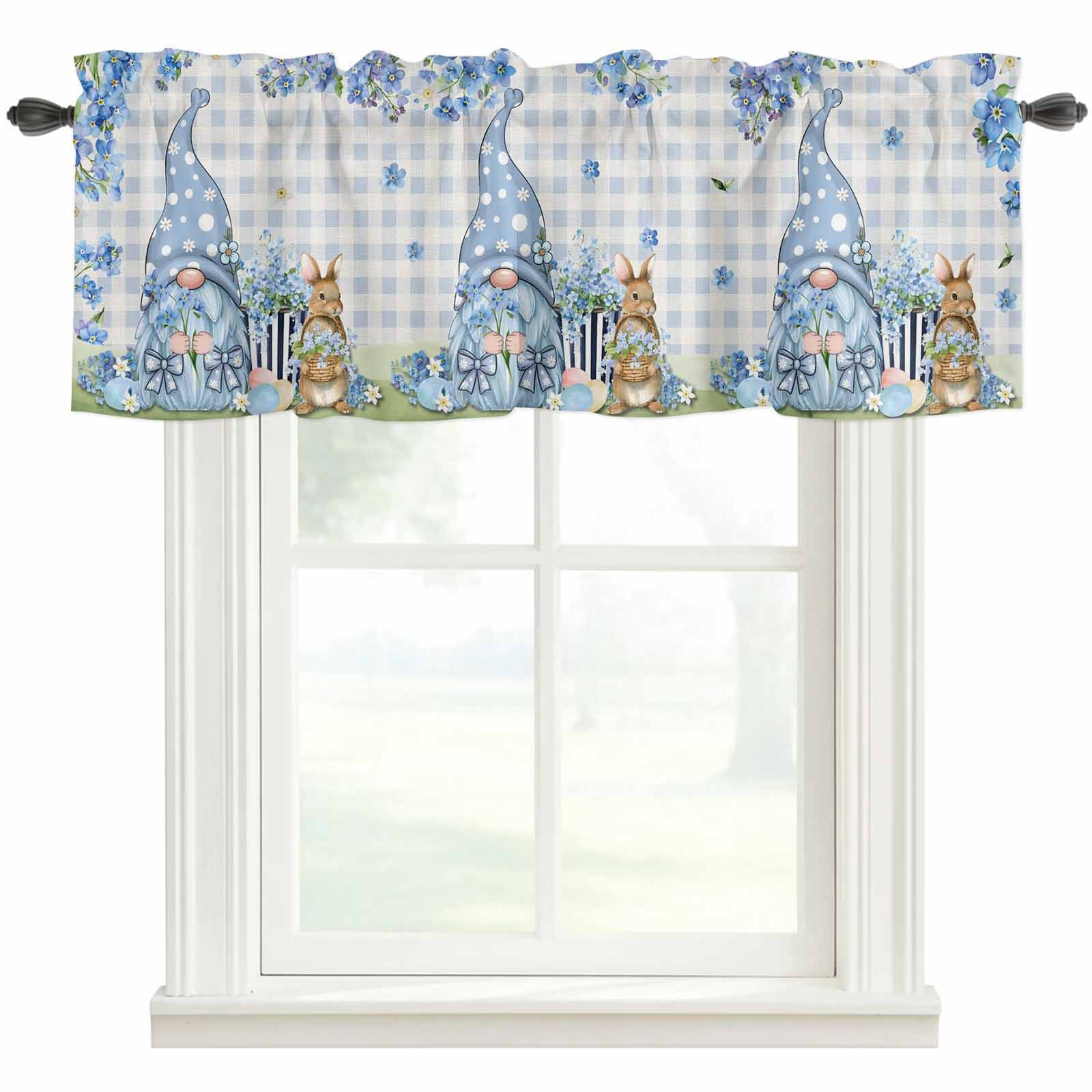 Easter Rod Pocket Curtain Valance, Spring Blue Gnomes Rabbit Eggs ...