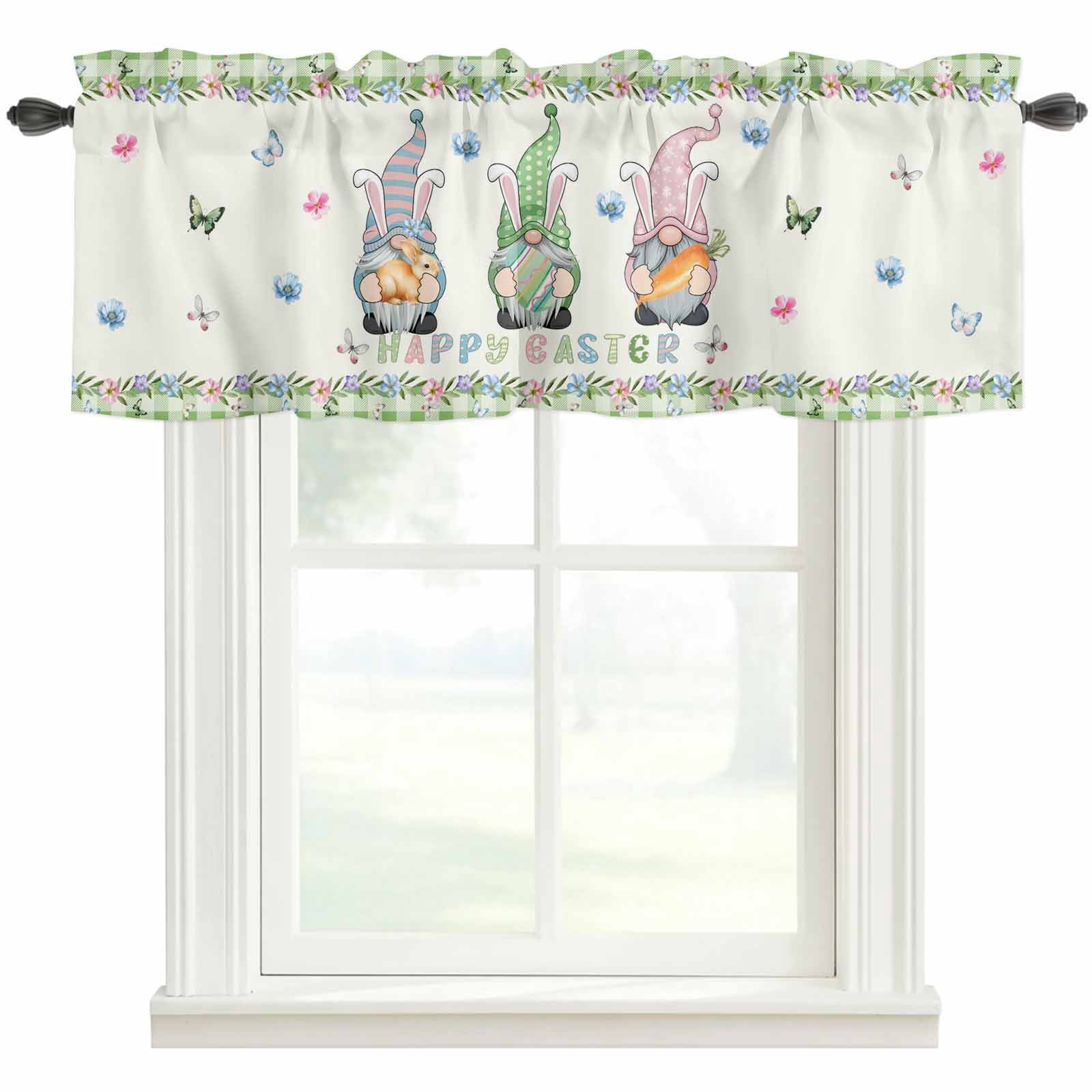 Easter Rod Pocket Curtain Valance, Spring Gnomes Floral Bunny Eggs ...