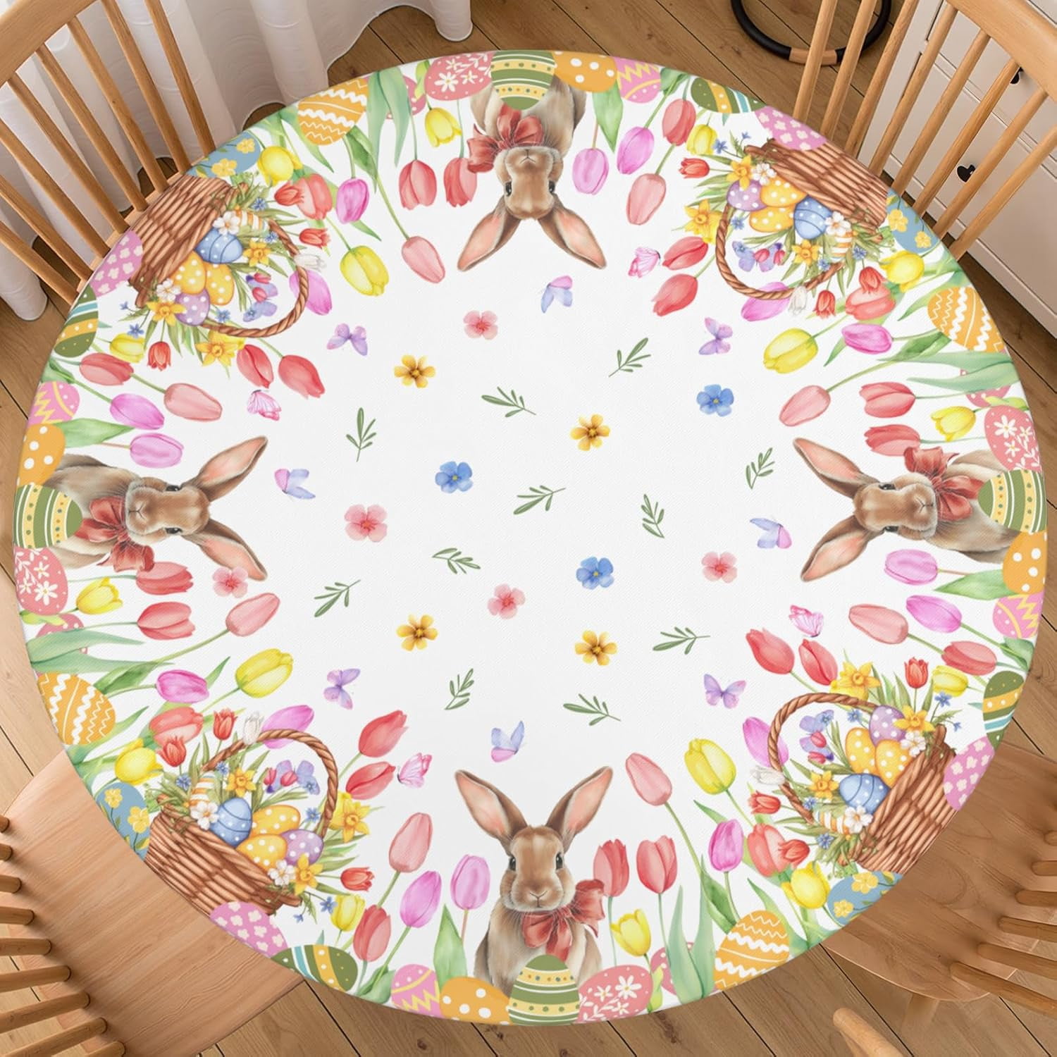 Easter Round Fitted Tablecloth with Elastic Edge Spring Easter Eggs ...