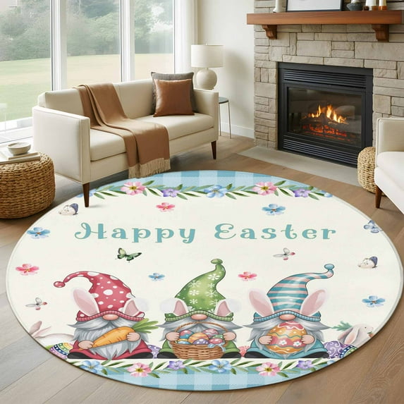 Easter Round Rug 7ft Washable Circle Rugs Non Slip Spring Rabbit Ear ...
