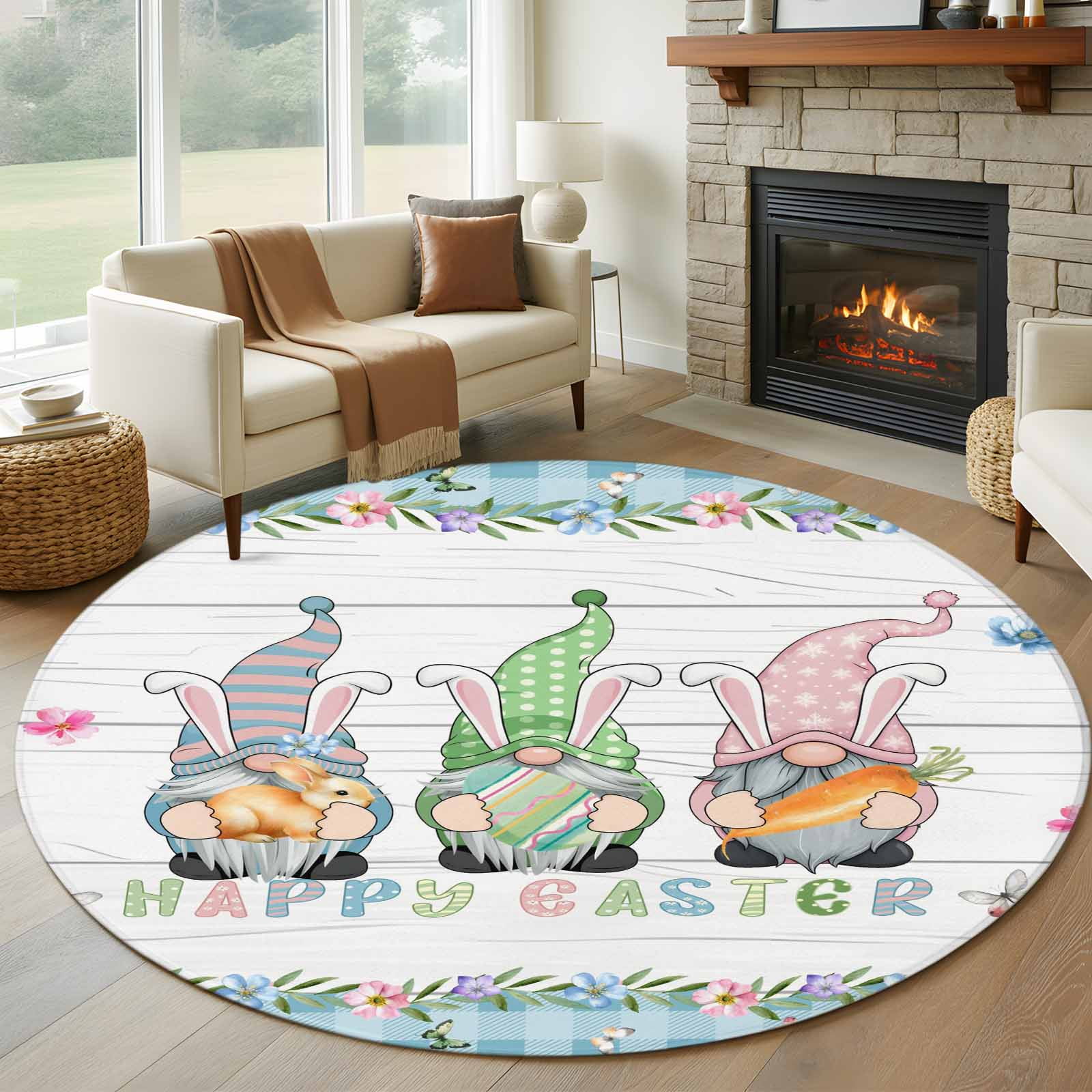 Easter Round Rug 8ft Washable Circle Rugs Non Slip Farmhouse Gnomes ...