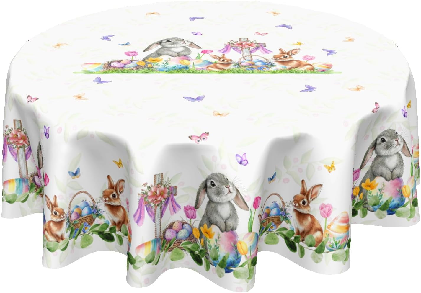 Easter Round Tablecloth 70 Inch Watercolor Bunny Egg Floral Butterfly ...