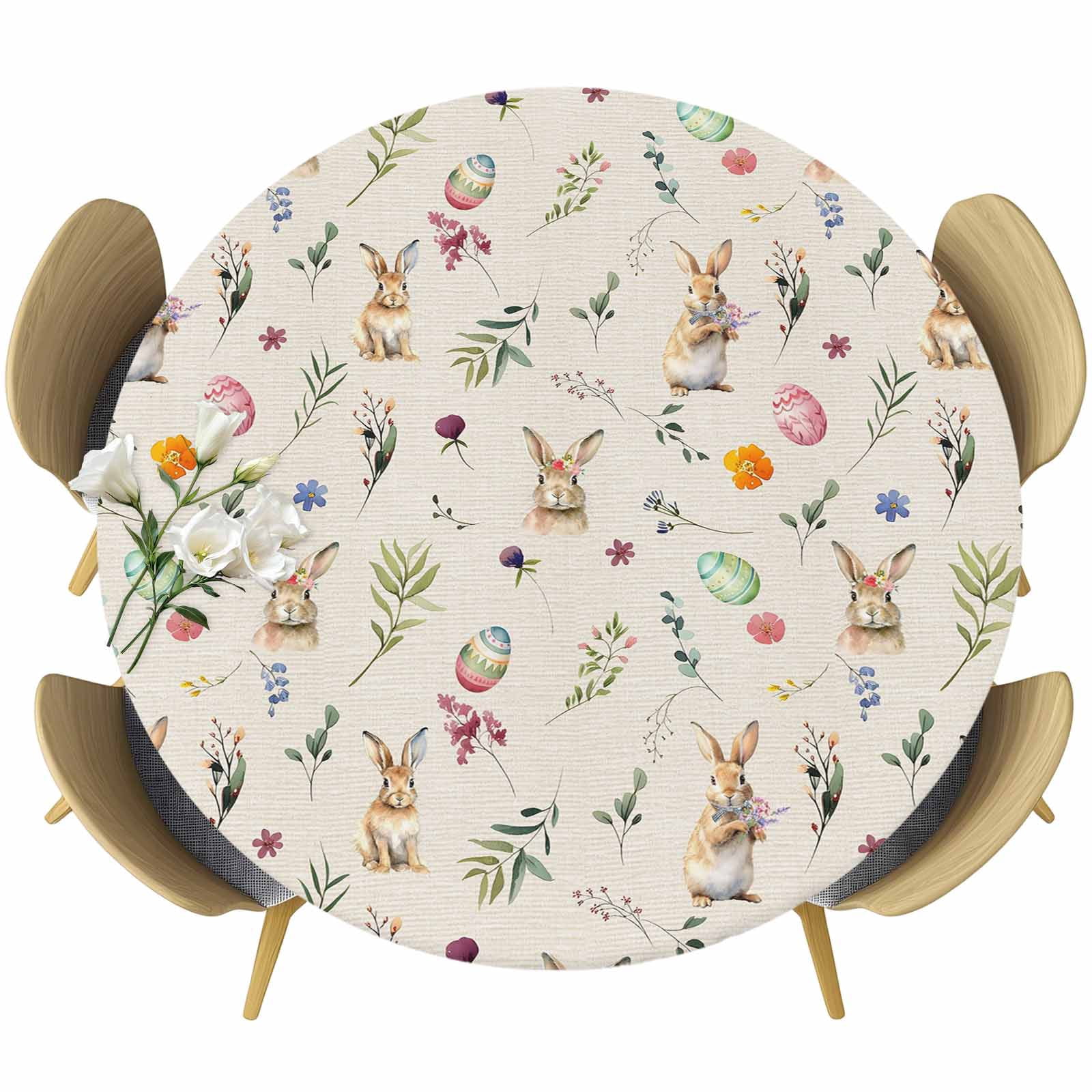 Easter Round Tablecloth, Fitted Table Cover with Elastic for 45"-54 ...